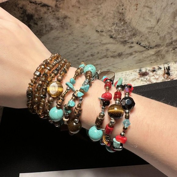 Jewelry | Lot Of 3 Beaded Spiral Wrap Stretchy Set Assortment Bracelets Brown Blue Mix | Poshmark